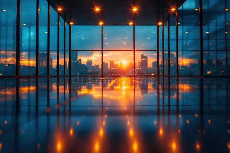 Modern Empty Office Interior Reflecting Cityscape Sunset Stock ...