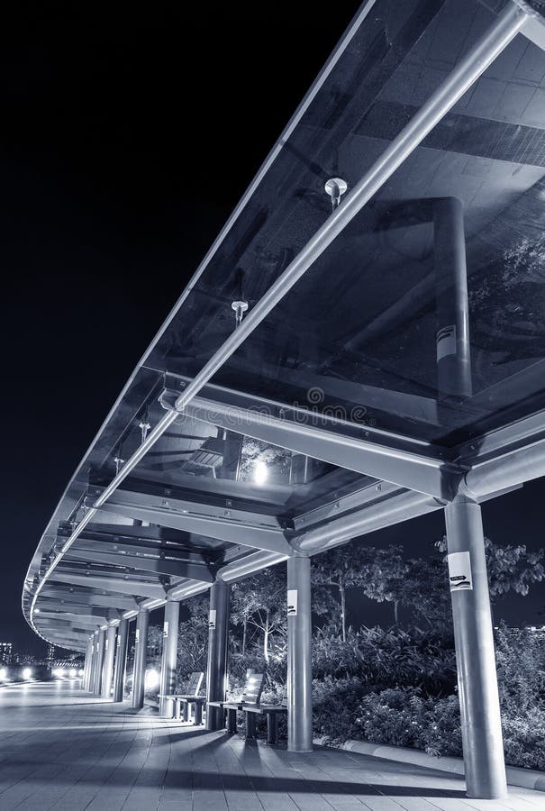 Empty Modern Pedestrian Walkway in Park at Night Stock Photo - Image of ...