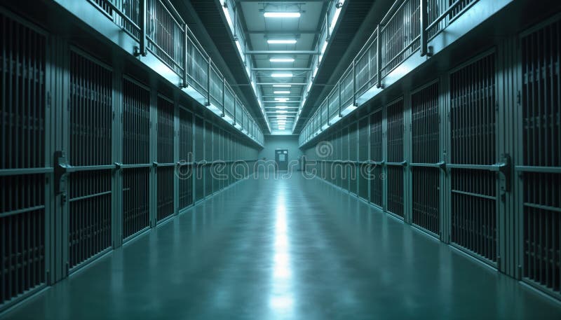 Empty Modern Prison Corridor with Reflective Floor. Rows of Metal Cells ...