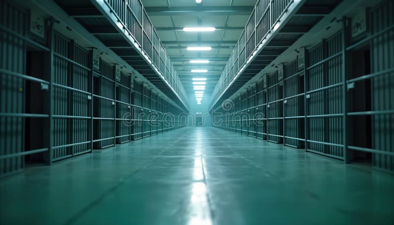 Empty Modern Prison Corridor with Reflective Floor, Rows of Metal Cells ...