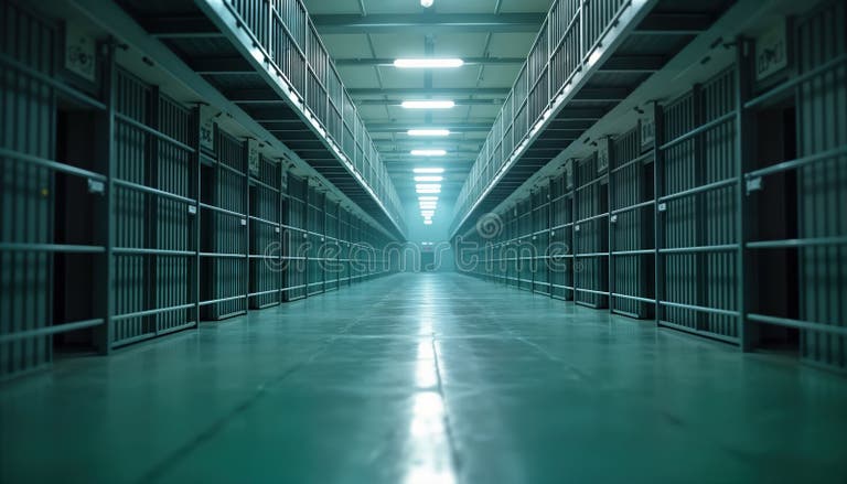 Empty Modern Prison Corridor with Reflective Floor, Rows of Metal Cells ...