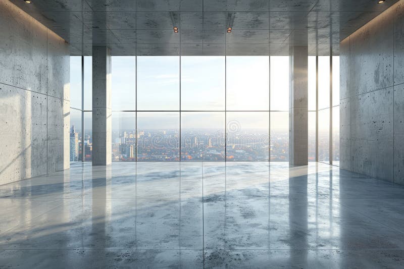 Empty Modern Room with High Windows Overlooking a City, Generative AI ...