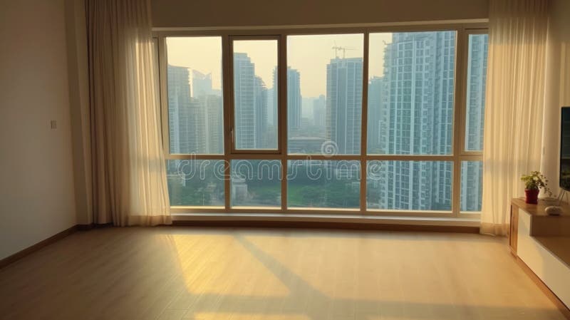 Empty Modern Room Interior with Panoramic Windows and Big City Behind ...