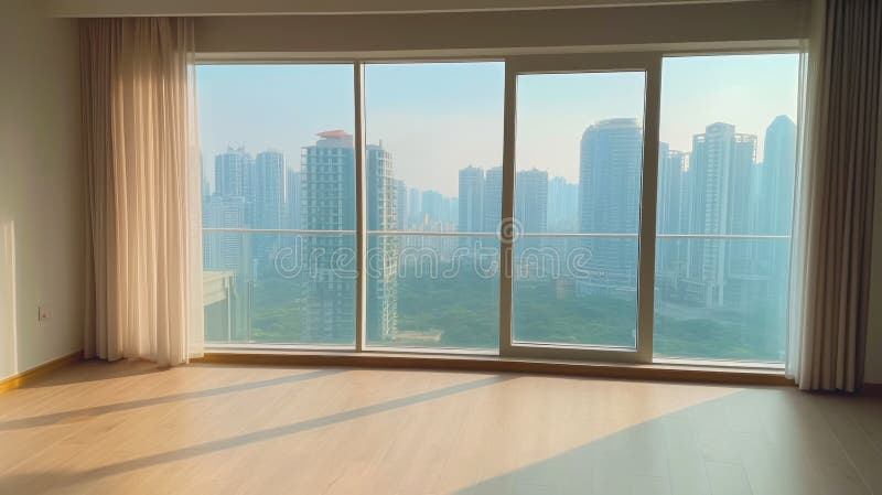 Empty Modern Room Interior with Panoramic Windows and Big City Behind ...