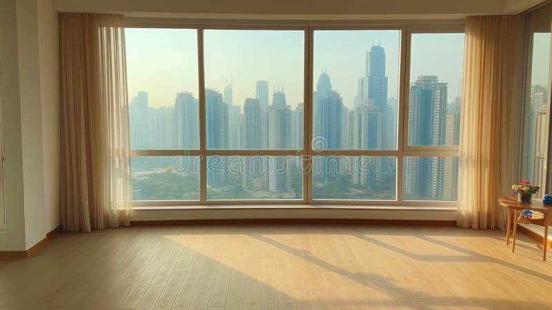 Empty Modern Room Interior with Panoramic Windows and Big City Behind ...