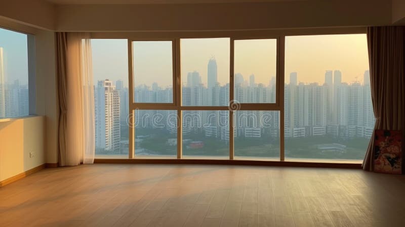 Empty Modern Room Interior with Panoramic Windows and Big City Behind ...