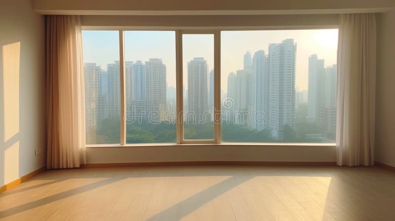Empty Modern Room Interior with Panoramic Windows and Big City Behind ...
