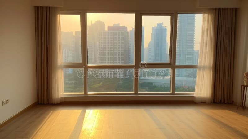 Empty Modern Room Interior with Panoramic Windows and Big City Behind ...