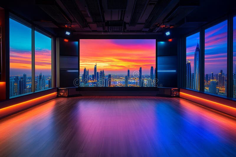 Empty Modern Room with Large Screen Showing Skyline at Sunset ...