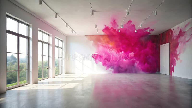 Empty Modern Room with Vibrant Pink and Orange Explosion Wall Art and ...