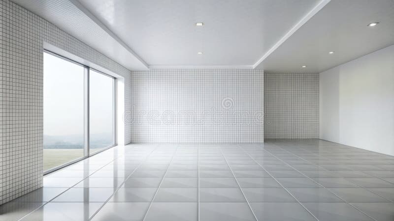 Empty Modern Room with White Tile Walls and Floor, Large Window Showing ...