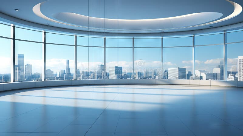 Empty Modern Round Business Office with Panoramic Windows and Urban ...