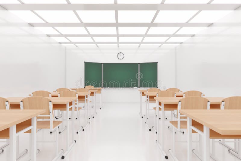 Empty Modern School Classroom with Chairs, Desks and Chalkboard. 3d ...