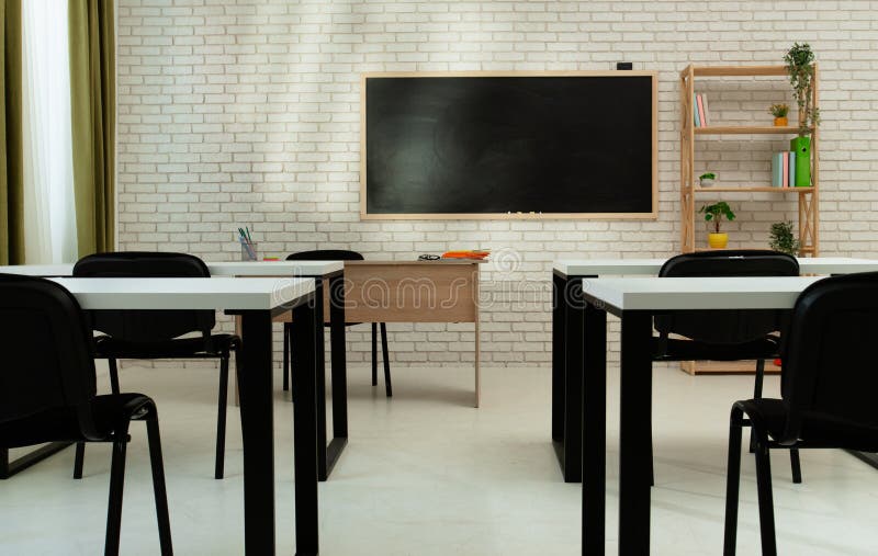 Empty Modern School Classroom with Desks, Chairs and Chalkboard at ...