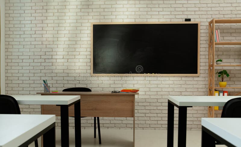 Empty Modern School Classroom with Desks, Chairs and Chalkboard at ...