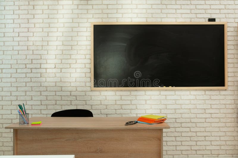 Empty Modern School Classroom with Desks, Chairs and Chalkboard at ...