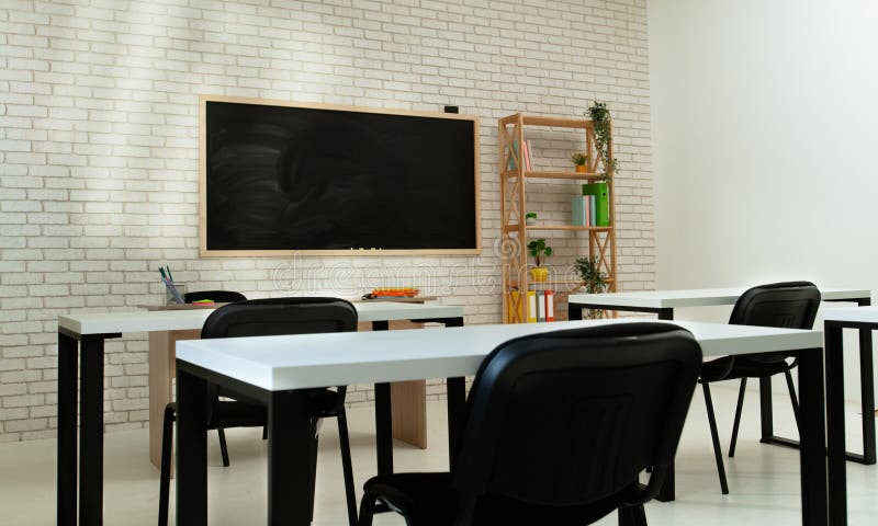 Empty Modern School Classroom with Desks, Chairs and Chalkboard at ...