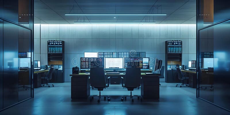 Empty Modern Security Control Room with Multiple Displays and Office ...
