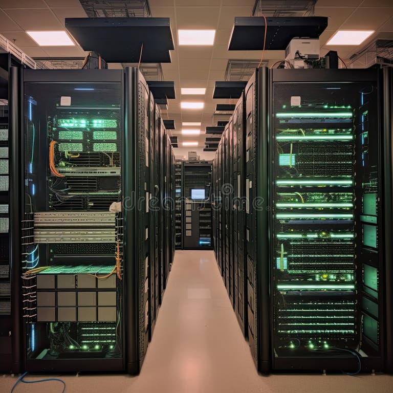 Empty Modern Server Room with Large Servers, Wires and Buttons. Data ...