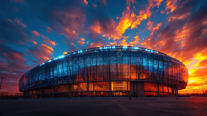 Empty Modern Sports Stadium with a Glass Facade at Sunset Stock ...