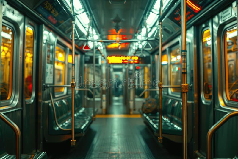 An Empty Modern Subway Car Featuring Seats, Illuminated by Artificial ...
