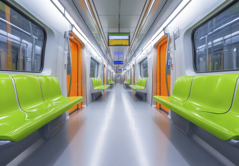 Modern Subway Car Interior Lime Green Seats and Orange Doors Stock ...