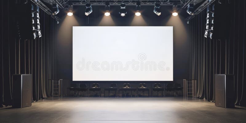 Empty Modern Theater Stage with Large White Screen and Black Curtains ...