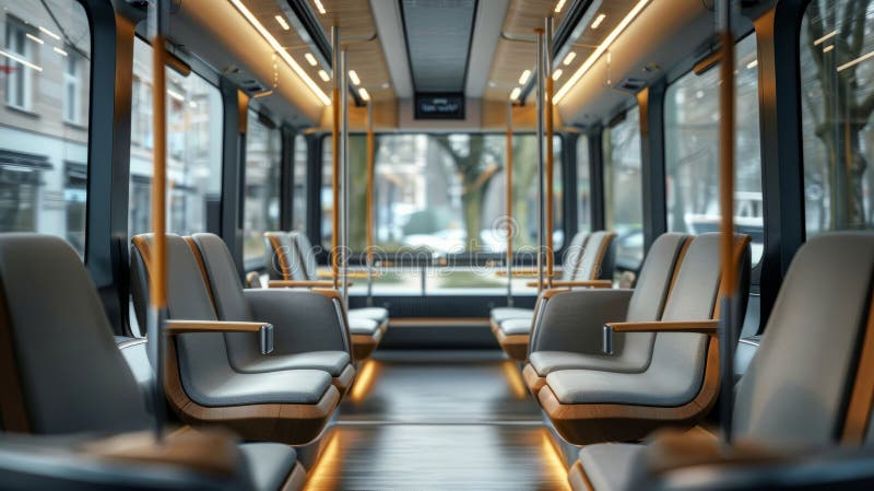 Empty Modern Tram Interior with Seats and Large Windows in Daylight ...