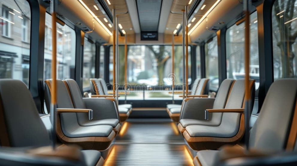 Empty Modern Tram Interior with Seats and Large Windows in Daylight ...
