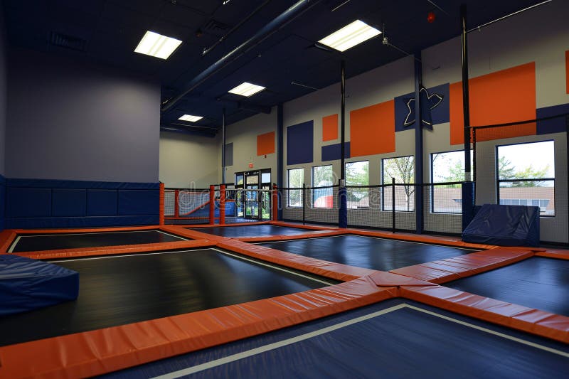 Empty Modern Trampoline Center in Blue and Orange Colors with Copy ...