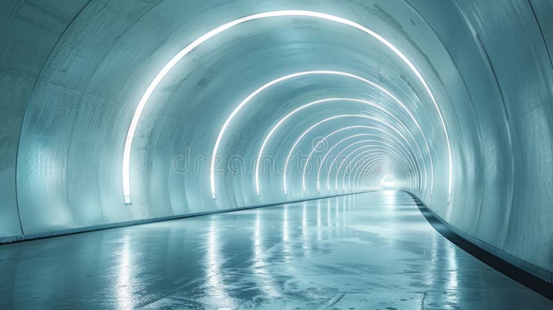An Empty, Modern Underground Tunnel with Curved, Smooth Walls and Soft ...