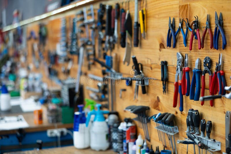 Empty Workshop for Bike Repair with Table with Different Tools Stock ...