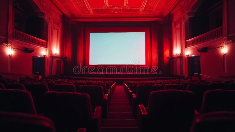 Empty Movie Theater with Blank Screen in Dark Auditorium Stock ...