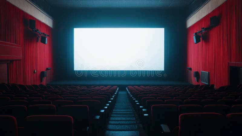 Empty Movie Theater with Blank Screen in Dark Auditorium Stock ...