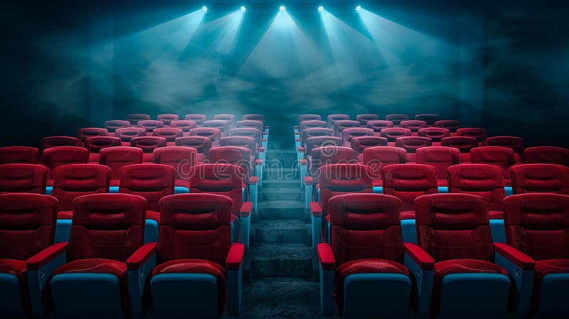 Empty Movie Theater with Red Seats and Blue Spotlights Stock ...