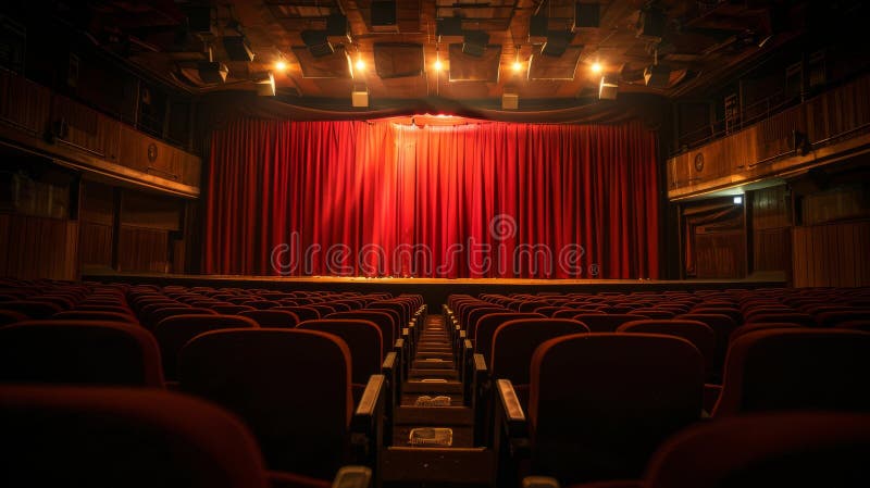Empty Movie Theatre and Stage with the Red Curtains Drawn Stock Photo ...