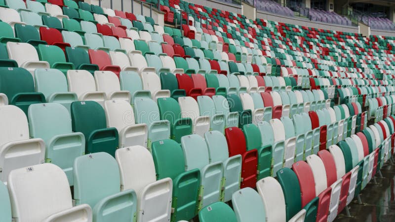 Empty Multi-colored Plastic Seats with Numbers at the Stadium. Sport ...