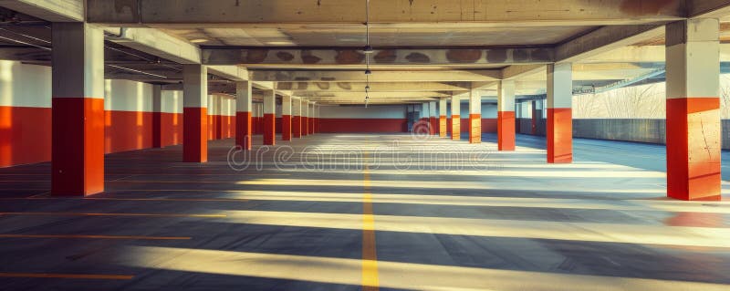 Empty Multi-level Parking Garage with Concrete Columns and Sunlit ...