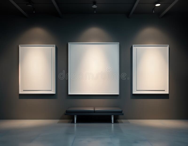 Empty Museum Gallery Interior with Three Blank White Frames on Dark Grey Wall. Modern Design ...