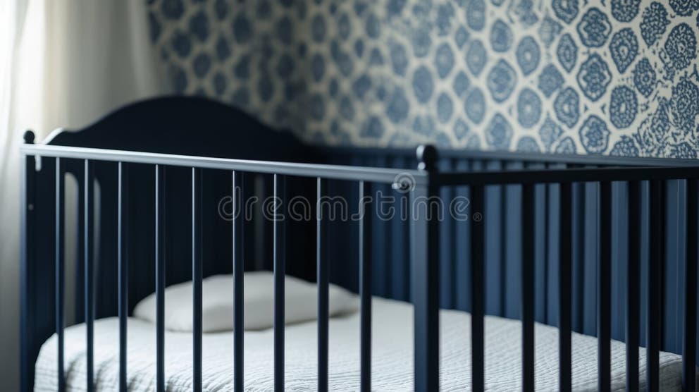 Empty Navy Blue Crib with Patterned Wallpaper in a Dim Nursery. Stock ...