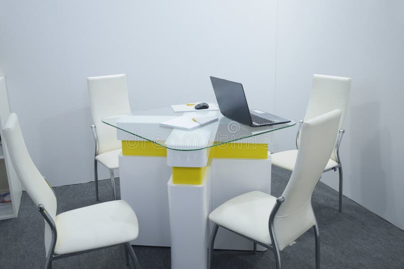 Empty Negotiation Room. Laptop, Modern Chairs and Table Stock Photo ...