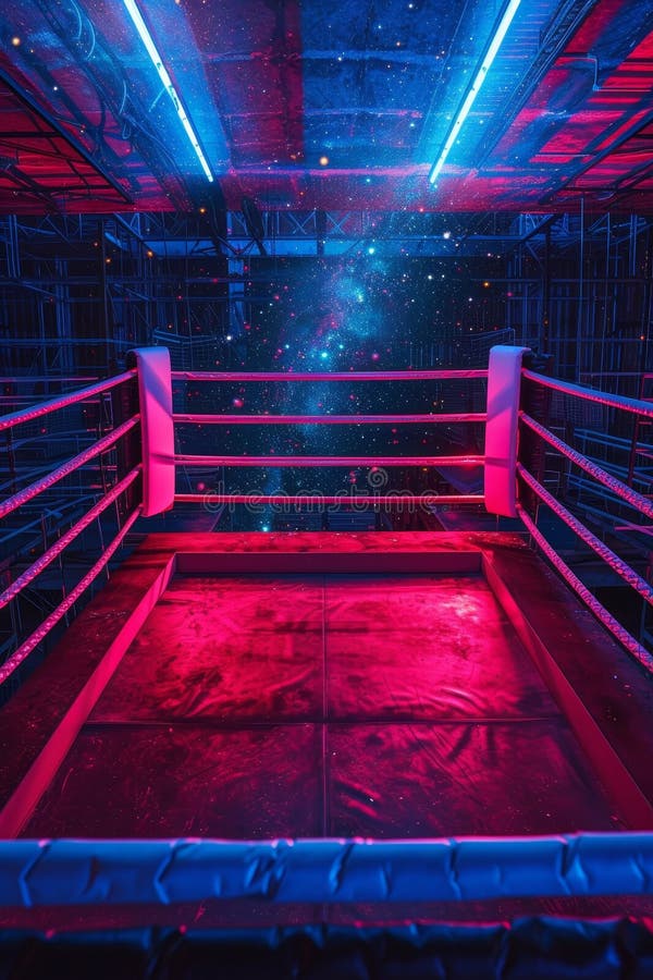 Empty Neon-lit Boxing Ring with a Surreal Cosmic Starfield Background ...