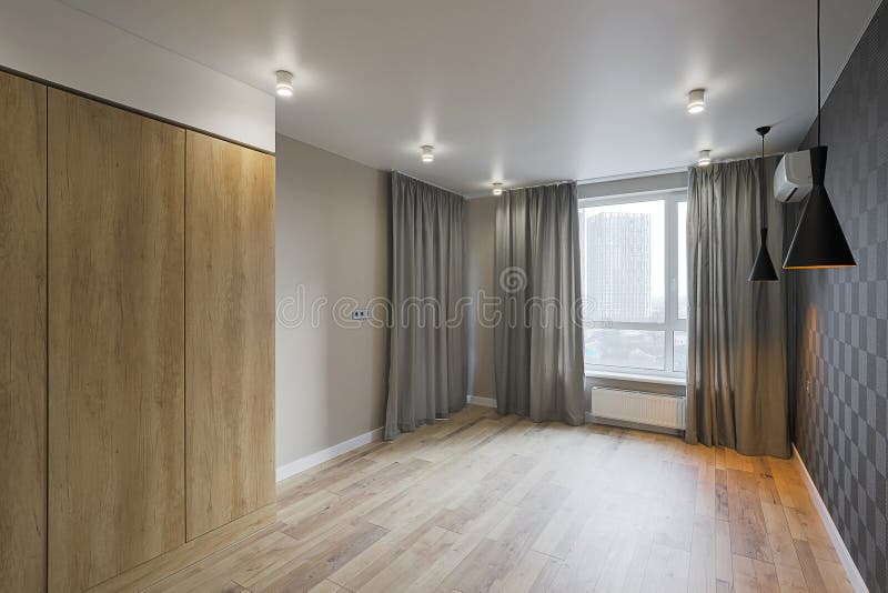 Empty New Room with Windows and Wooden Wardrobe Stock Image - Image of ...