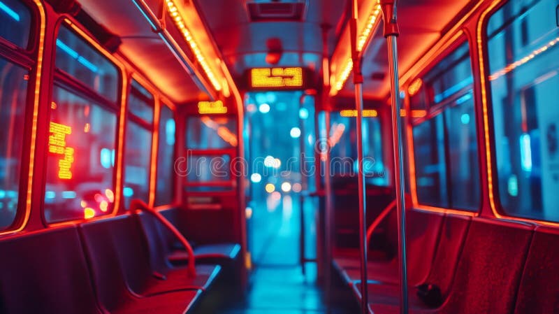 Empty Night Bus Illuminated with Neon Lights Stock Illustration ...