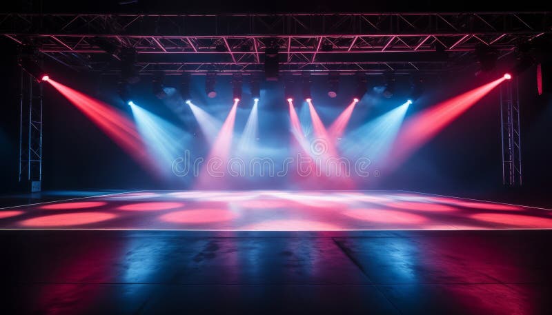 Empty Night Club Stage Illuminated with Red and Blue Spotlights. Retro ...