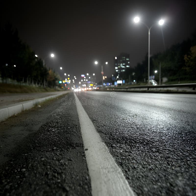 A Low Angle Shot of a Wet Asphalt Road at Night with Street Lights and ...