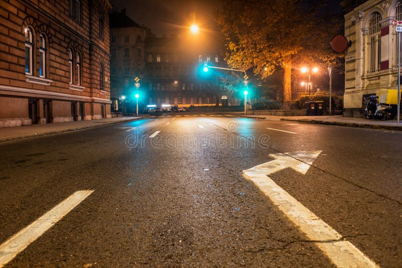 Empty Night Road with Traffic Lights Stock Photo - Image of evening ...