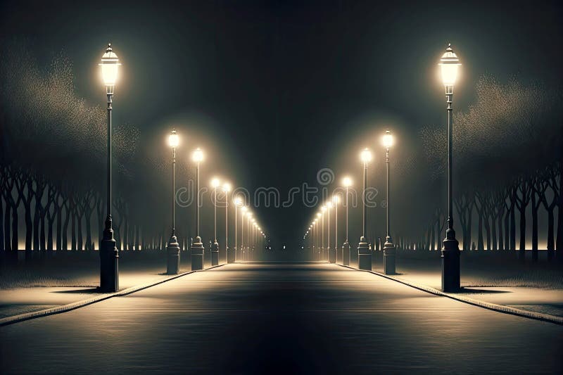 Empty Night Street with Rows of Lit Lamp Post Stock Illustration ...