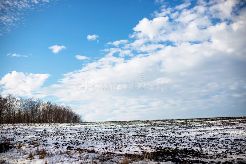 Empty Not Plowed Field after Winter Blizzard at Sunset. Winter Rural ...