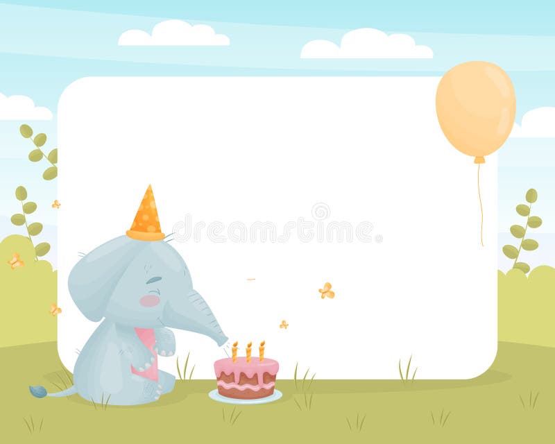 Empty Note Card with Cute Blue Elephant Character Vector Template Stock ...